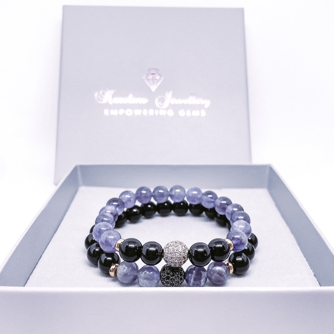 Amethyst and Onyx Energy Gemstone Couples Bracelet Set - Etsy