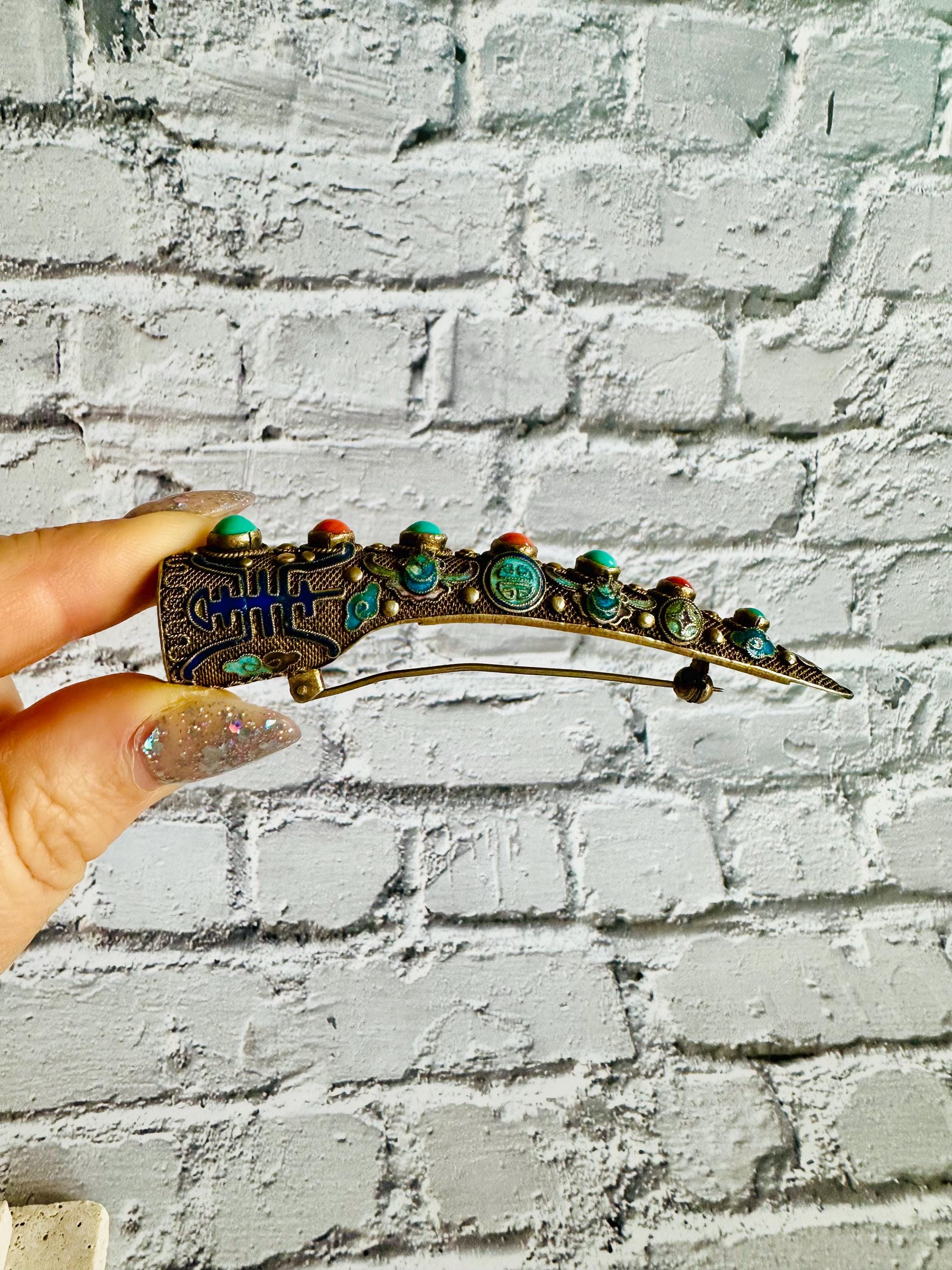 Antique 1900s Chinese Fingernail Guard, Silver Filigree Pin Brooch ...