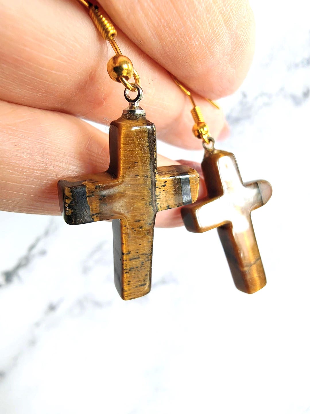 Vintage Tiger Eye Cross Dangle Earrings, Gold Plated Gemstone Jewelry ...