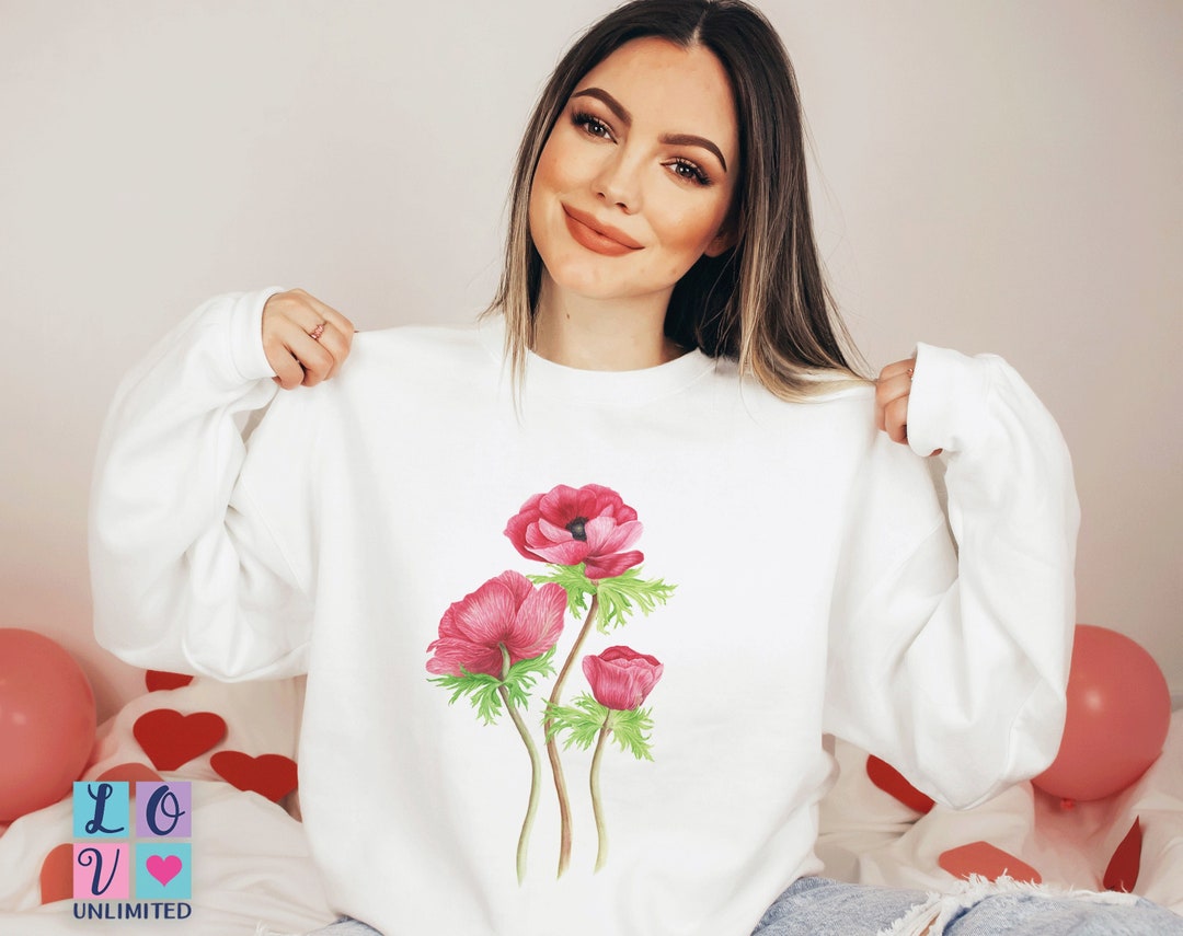 Womens Floral Pink Watercolor Flower Sweatshirt, Cute Aesthetic Flowers ...