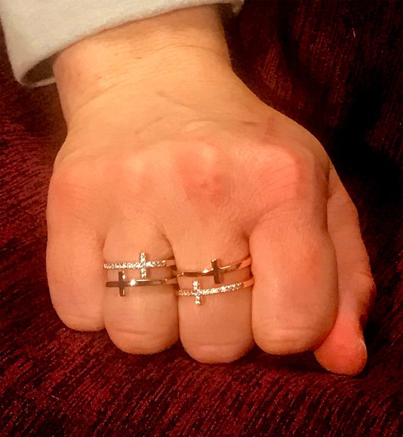 Adjustable Ring for Women Gold Plated or Silver Crystal Double Cross ...