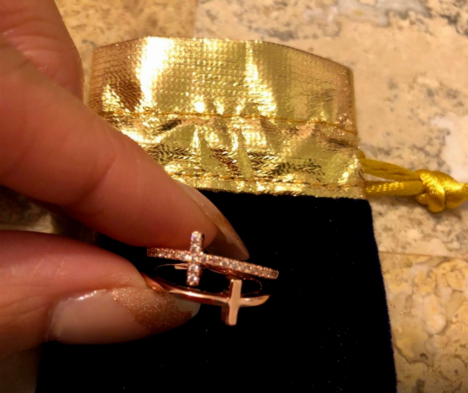 Adjustable Ring for Women Gold Plated or Silver Crystal Double Cross ...