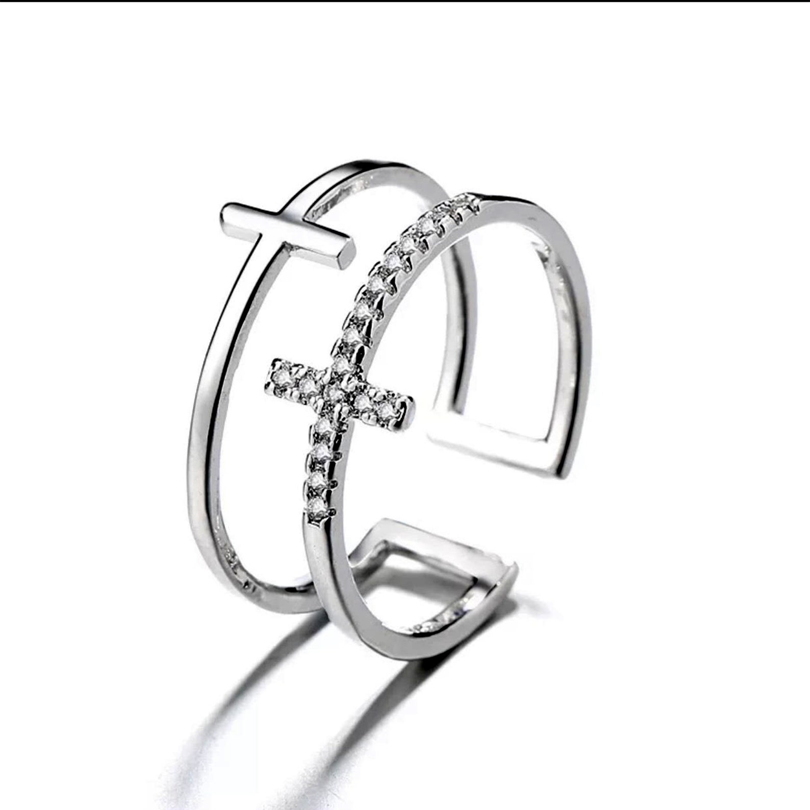 Adjustable Ring for Women Gold Plated or Silver Crystal Double Cross ...