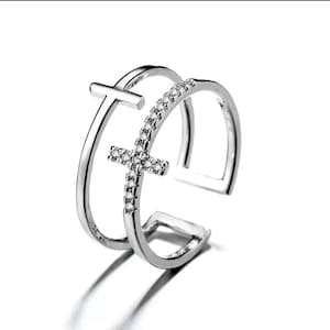 Adjustable Ring for Women Gold Plated or Silver Crystal Double Cross ...