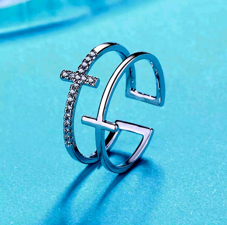 Adjustable Ring for Women Gold Plated or Silver Crystal Double Cross ...