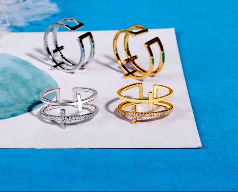 Adjustable Ring for Women Gold Plated or Silver Crystal Double Cross ...