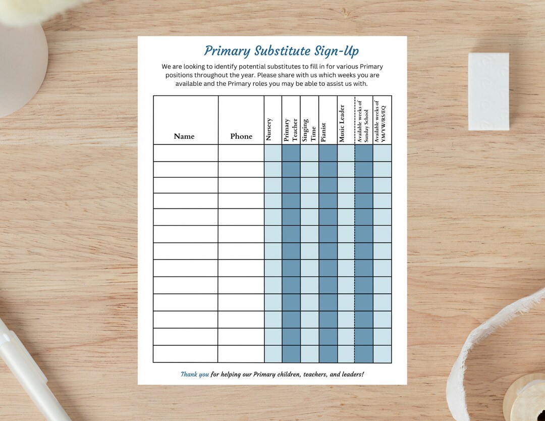 Primary Substitute Sign-up Sheet - Etsy