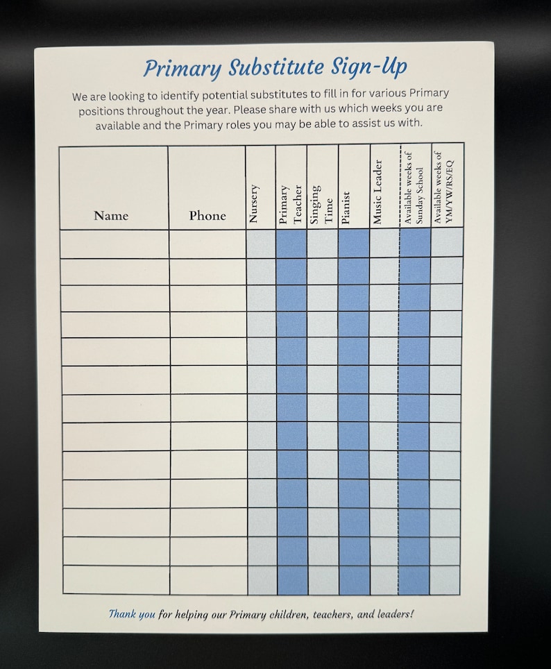 Primary Substitute Sign-up Sheet - Etsy