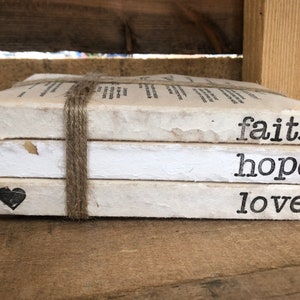 Faith Hope Love, Hand Stamped Farmhouse Decor Rustic Book Stack ...