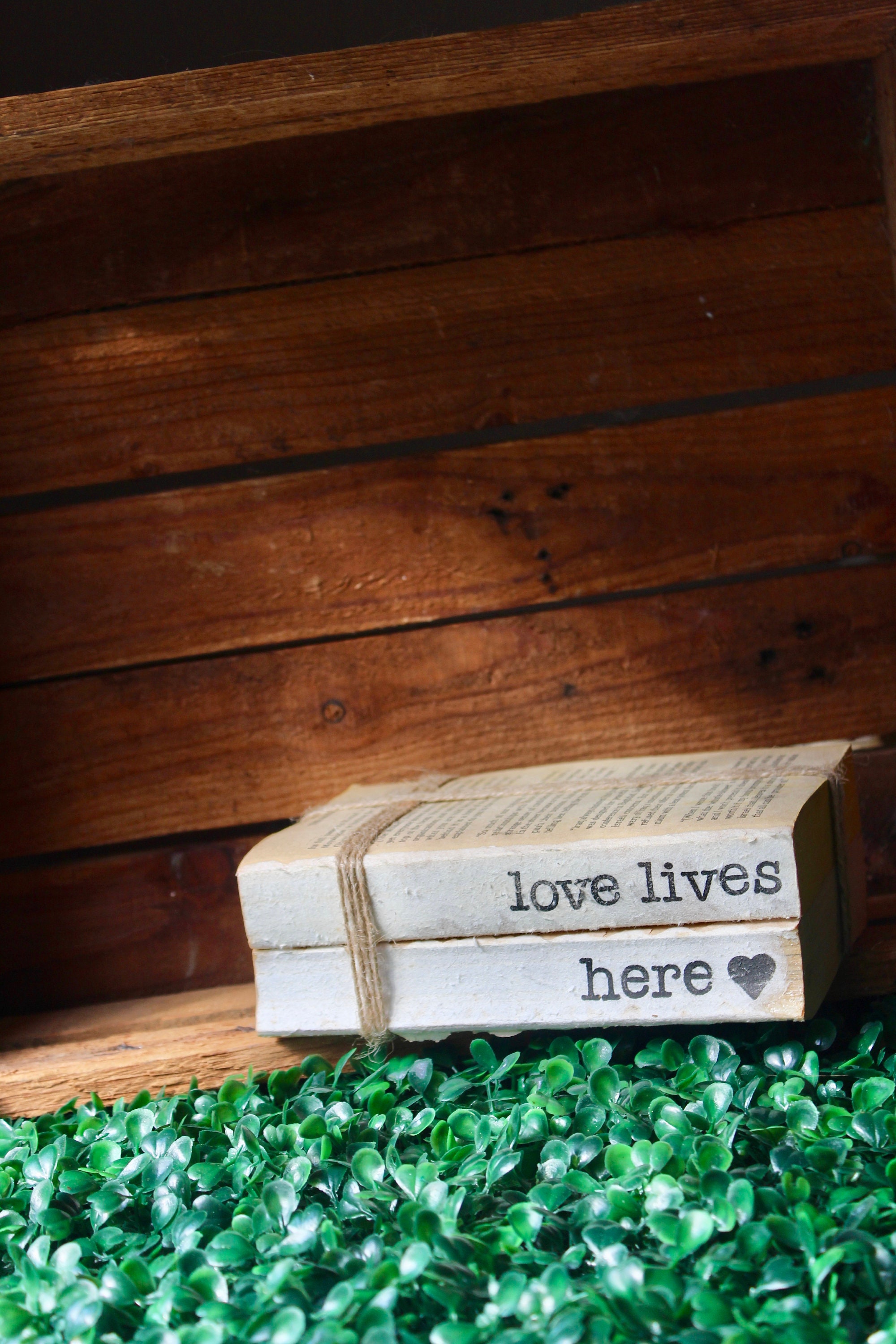Love Lives Here, Book Stack Hand Stamped Rustic Decor, Country Chic ...