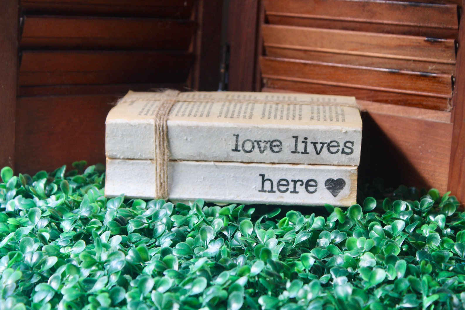 Love Lives Here, Book Stack Hand Stamped Rustic Decor, Country Chic ...