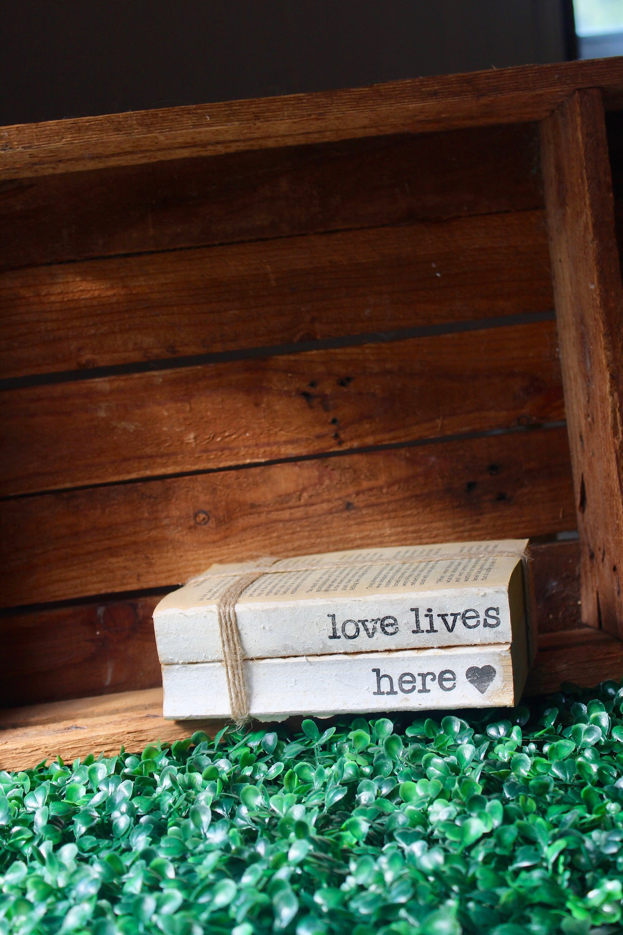 Love Lives Here, Book Stack Hand Stamped Rustic Decor, Country Chic ...