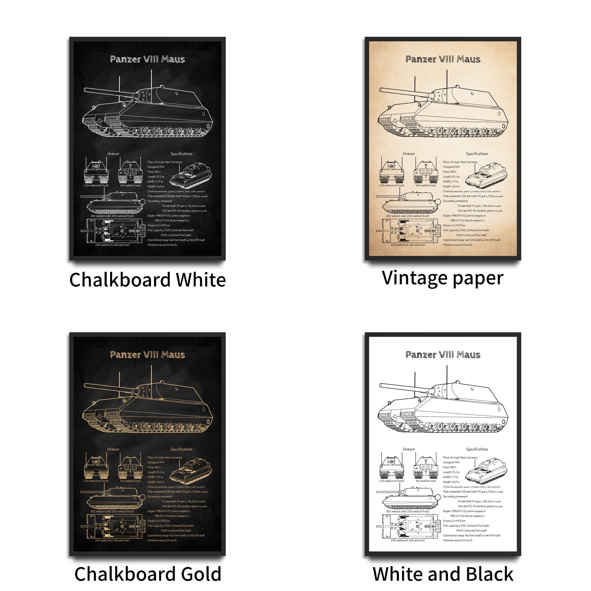 Panzer VIII Maus Tank Blueprint Poster - WW2 German Super Heavy Tank ...