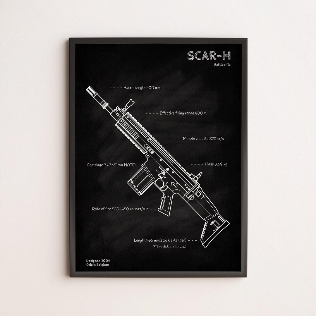 SCAR-H Blueprint Poster — Modern Battle Rifle Wall Art for Gun ...