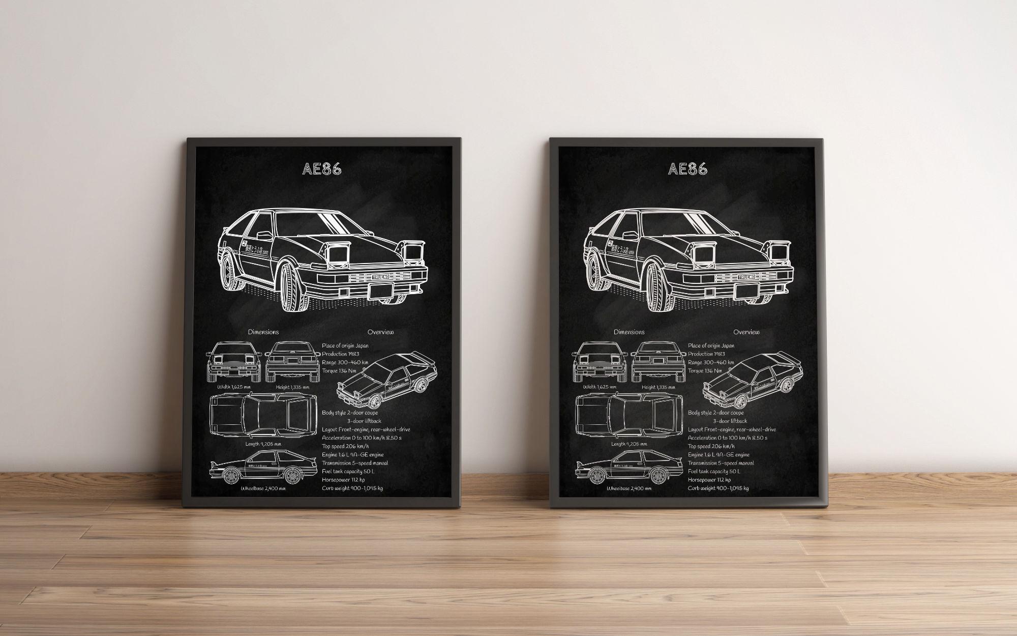 Initial D Toyota AE86 Blueprint Poster - Japanese Car Art - Anime Drift ...