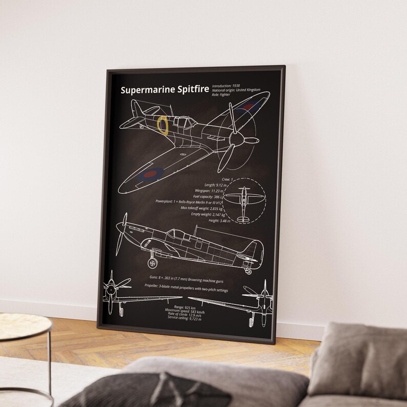 Supermarine Spitfire Blueprint Poster — WWII British Fighter Wall Art ...