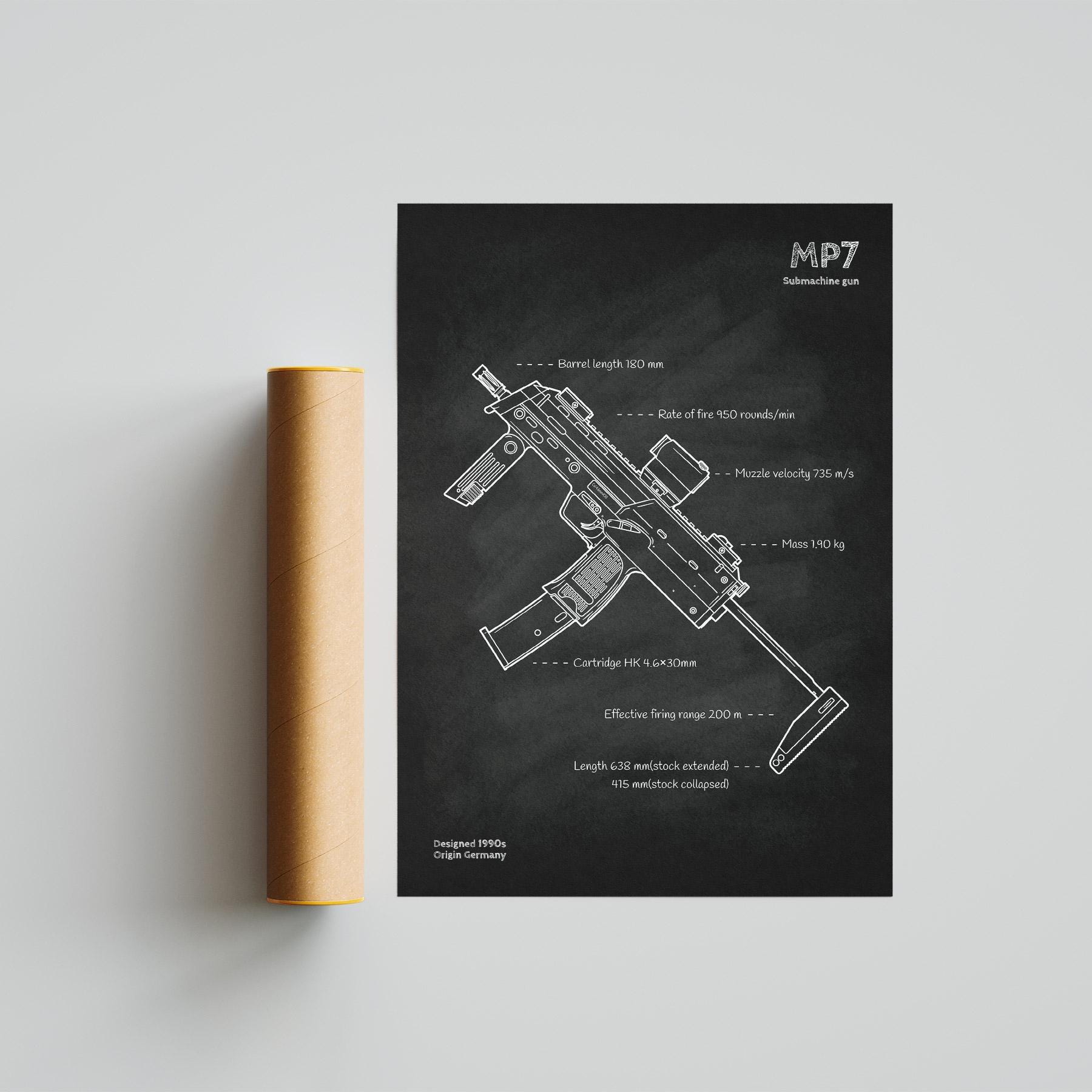 MP7 Submachine Gun Blueprint Poster | Modern Tactical Firearm Wall Art ...
