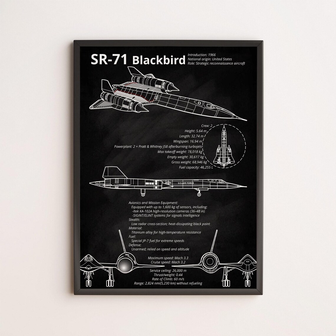 SR-71 Blackbird Blueprint Poster | Cold War Spy Plane Wall Art for ...
