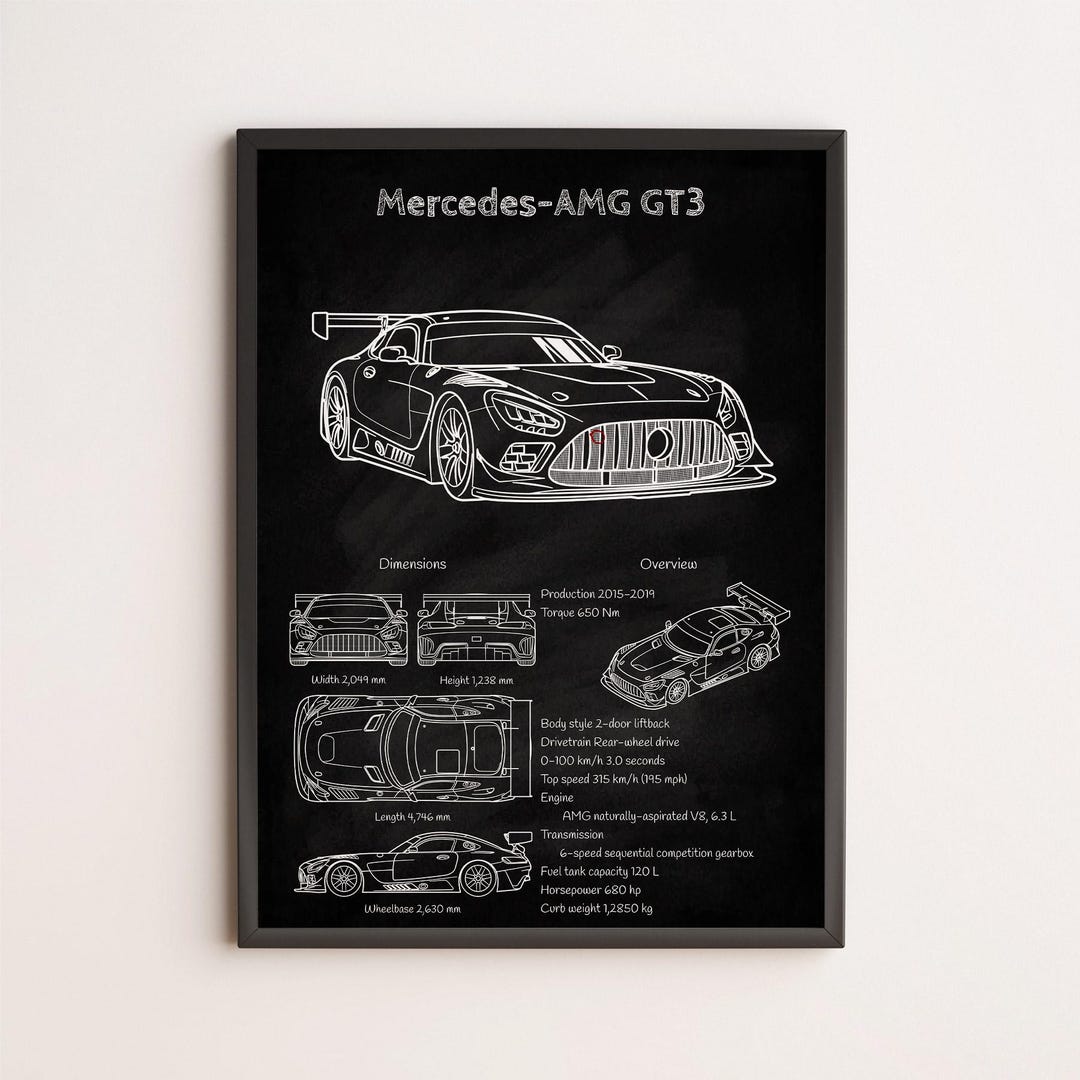 Mercedes-amg GT3 Blueprint Poster | Racing Car Wall Art | Motorsport ...