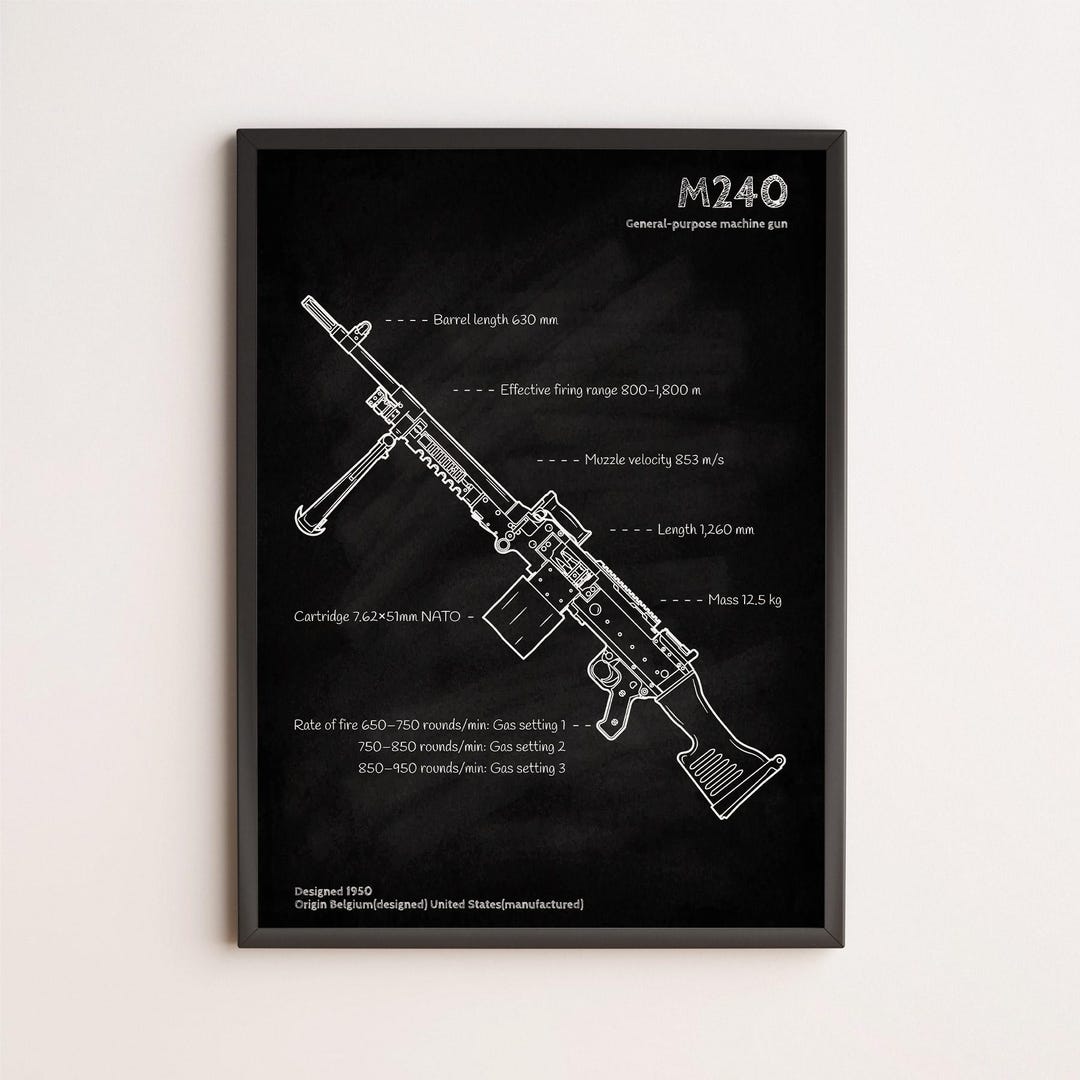 M240 Machine Gun Blueprint Poster | Tactical Military Firearm Wall Art ...