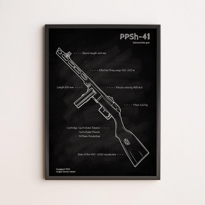 Ppsh-41 Blueprint Poster | WWII Soviet Submachine Gun Wall Art for ...