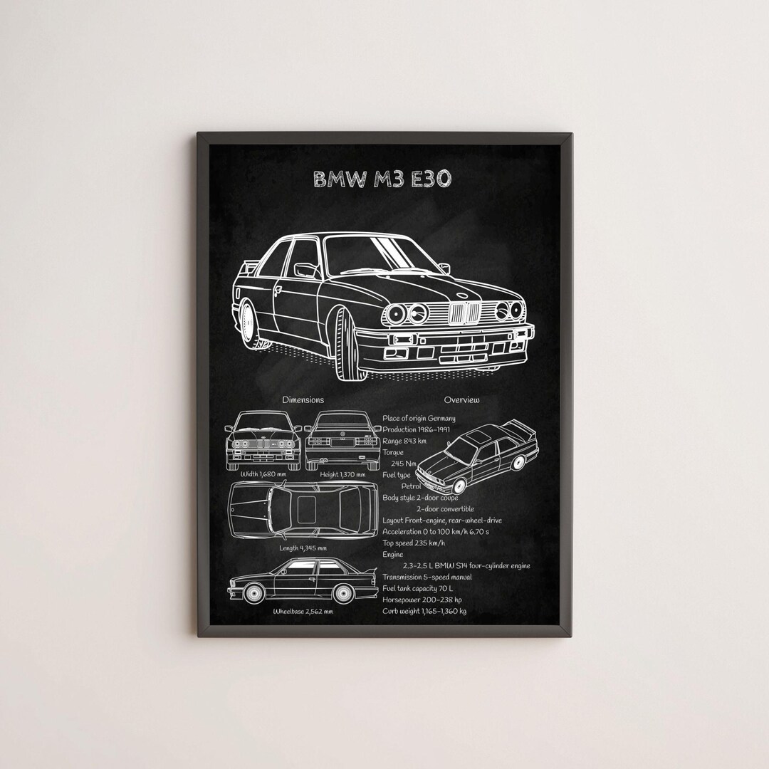 BMW M3 E30 Blueprint Car Poster Wall Art - Etsy