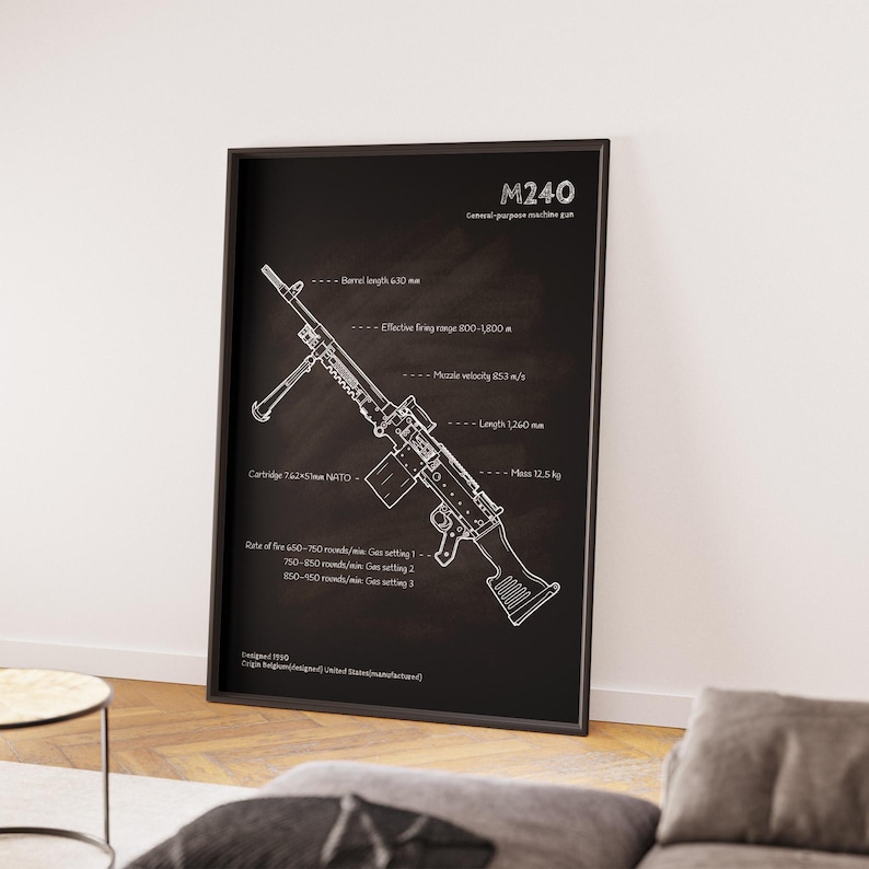 M240 Machine Gun Blueprint Poster | Tactical Military Firearm Wall Art ...
