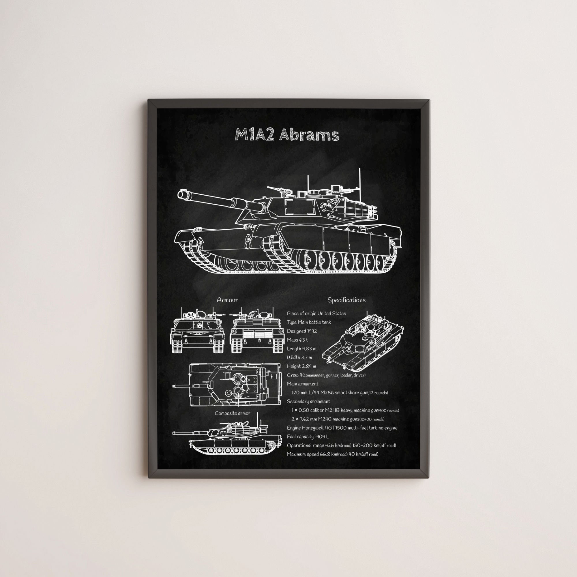 M1A2 Abrams Tank Blueprint Poster | Modern Military Vehicle Wall Art ...