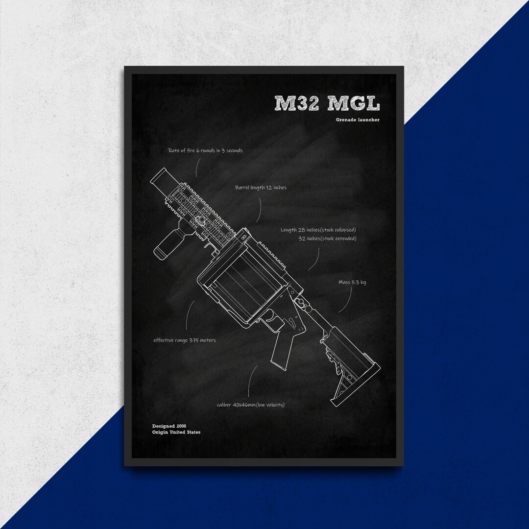 US Army M32 MGL Grenade Launcher Weapon Blueprint Wooden Framed Poster ...