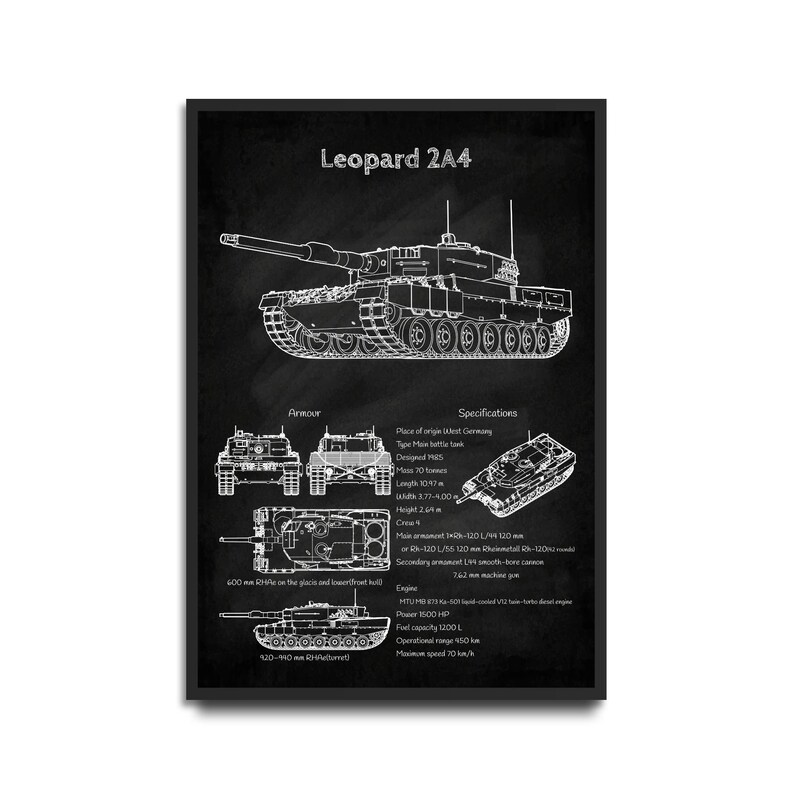Leopard 2 Tank Blueprint Poster - Military Wall Art - Tank Enthusiast ...
