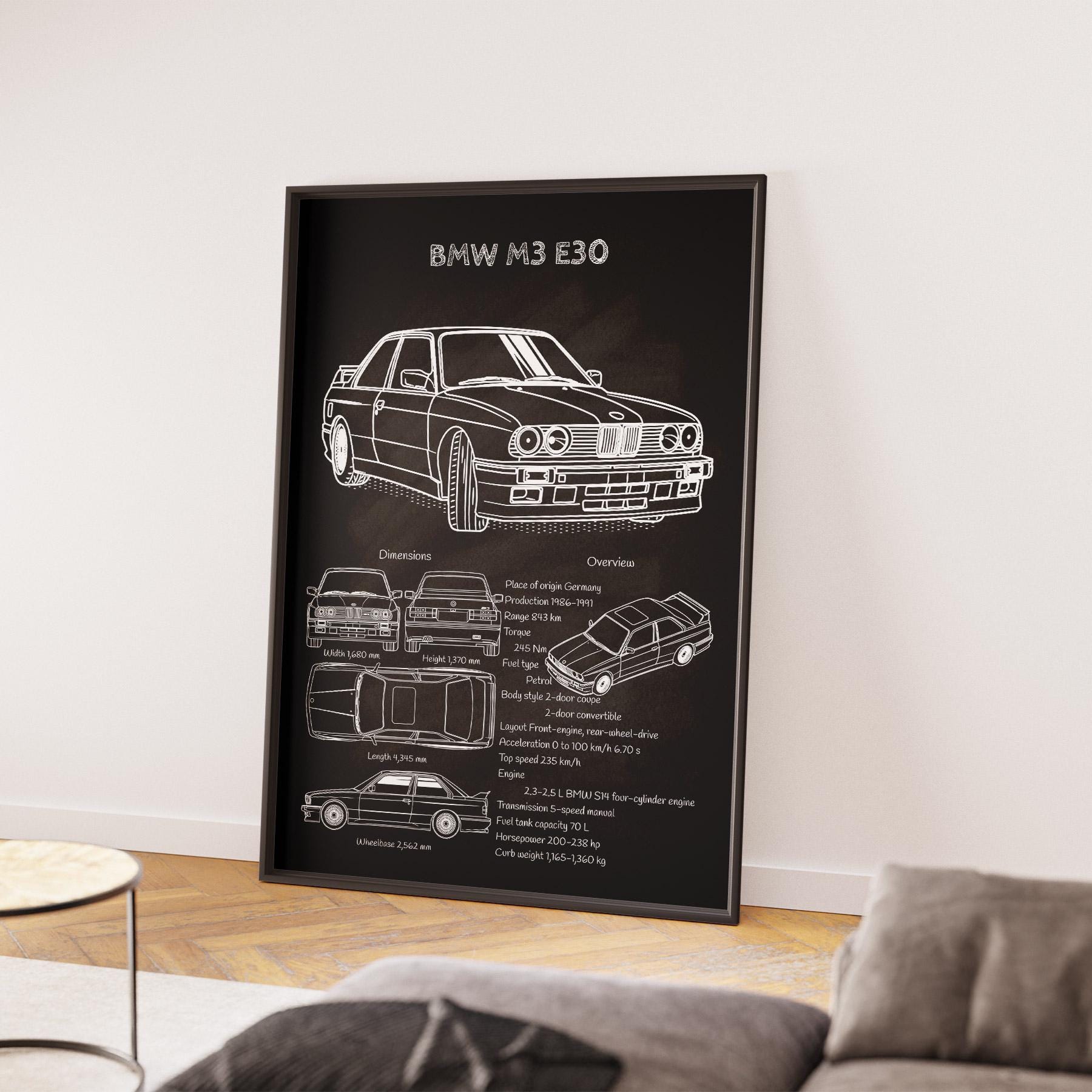 BMW M3 E30 Blueprint Poster – Vintage Motorsport Art – Car Enthusiast ...