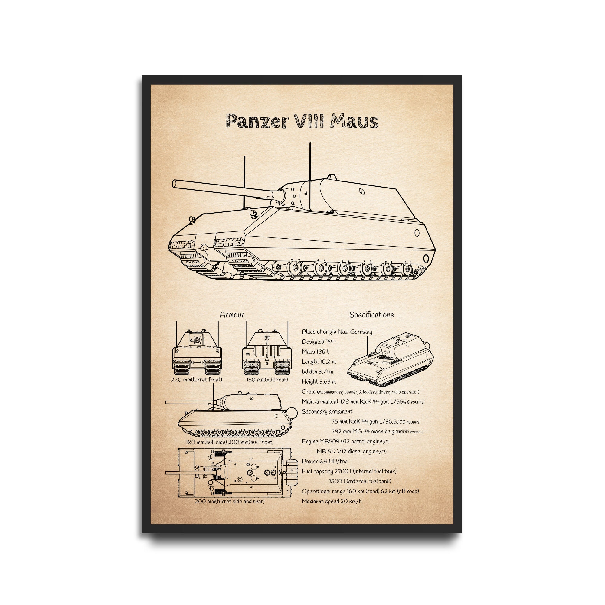 Panzer VIII Maus Tank Blueprint Poster - WW2 German Super Heavy Tank ...