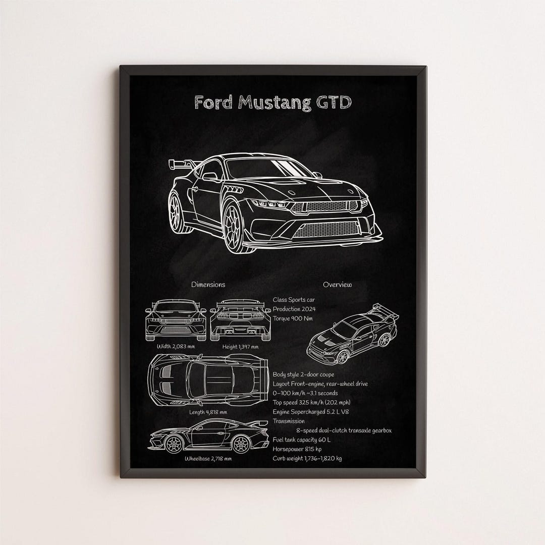 Ford Mustang GTD Blueprint Poster, Supercar Wall Art, Muscle Car Print ...