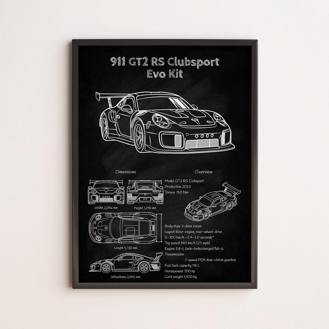 Porsche 911 GT2 RS Clubsport Evo Kit Blueprint Poster – Racing Car ...