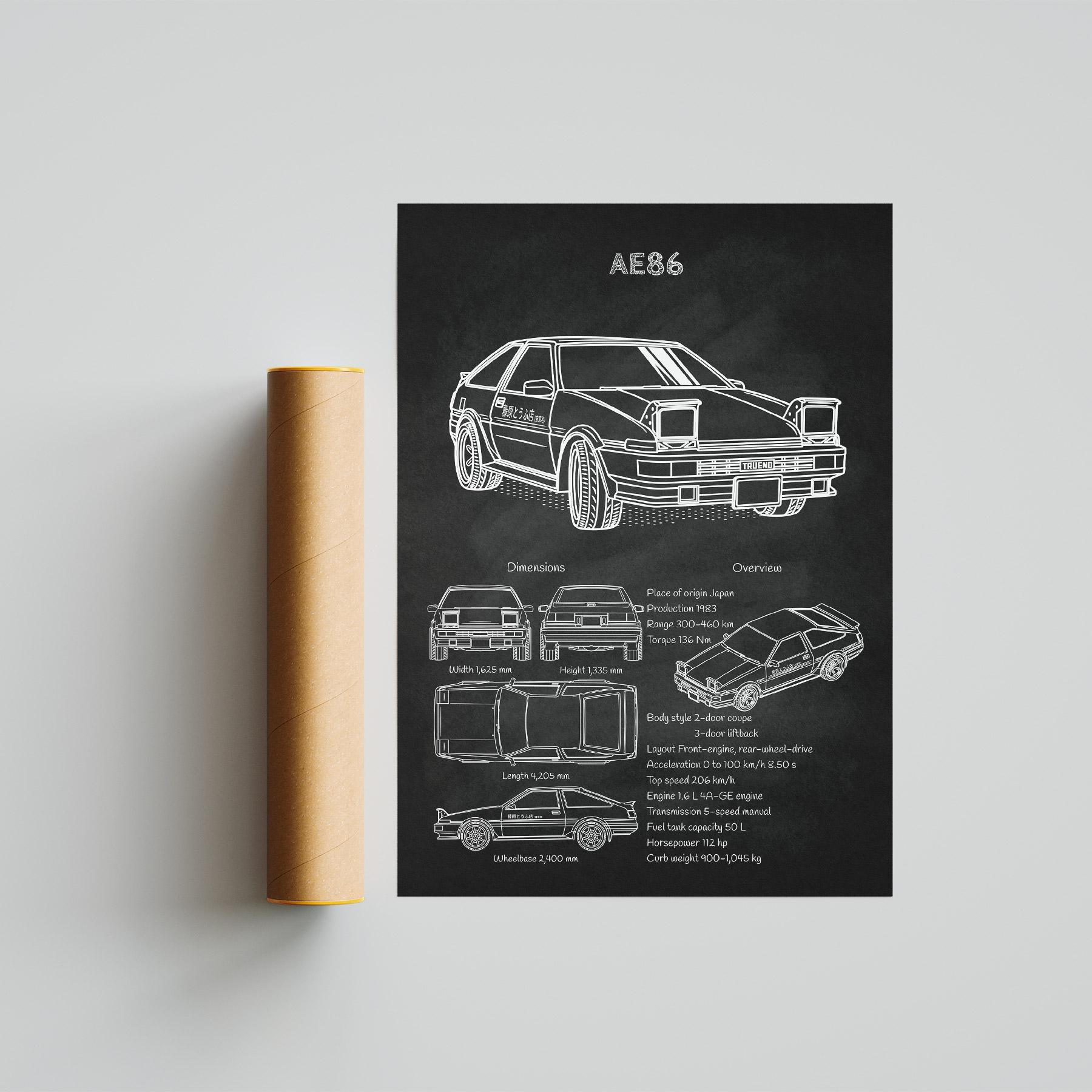 Initial D Toyota AE86 Blueprint Poster - Japanese Car Art - Anime Drift ...