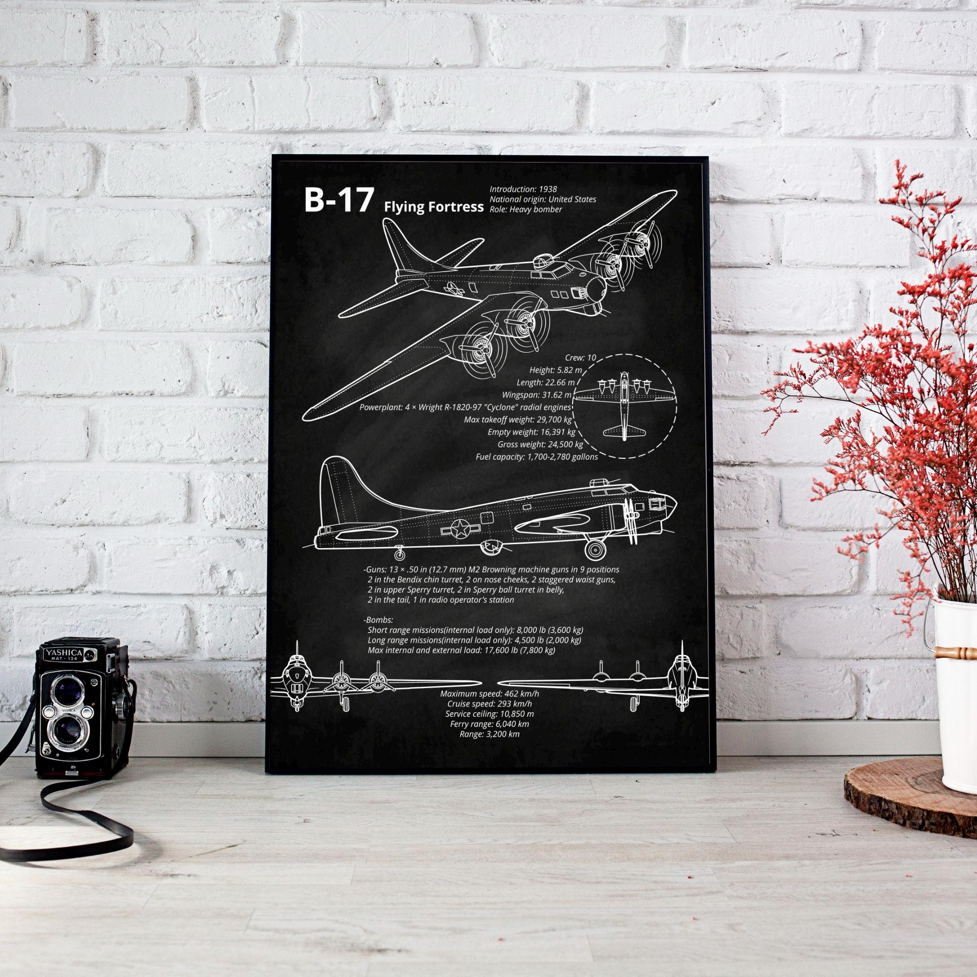 B-17 Flying Fortress Blueprint Poster | WWII Bomber Aircraft Wall Art ...