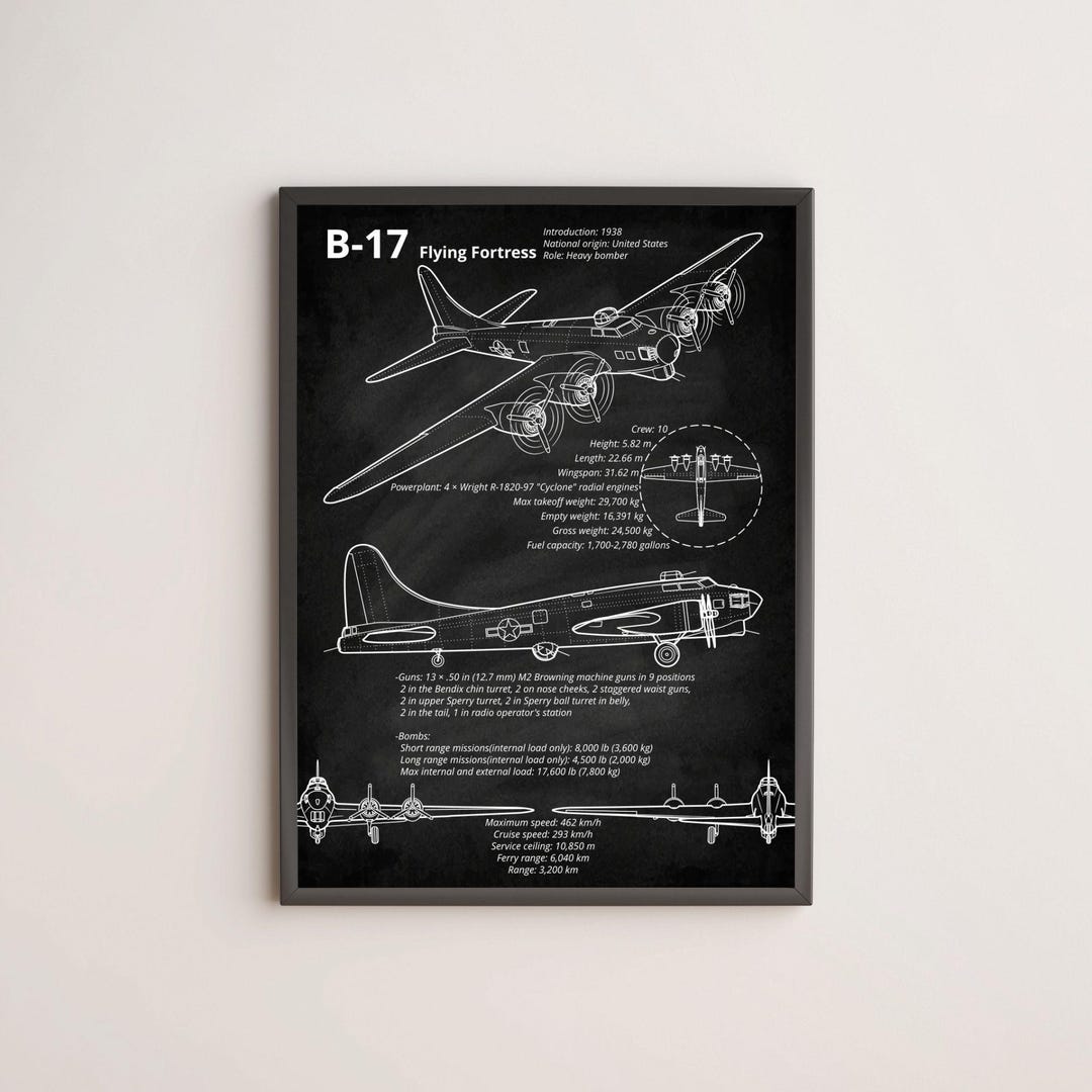 B-17 Flying Fortress Blueprint Poster | WWII Bomber Aircraft Wall Art ...