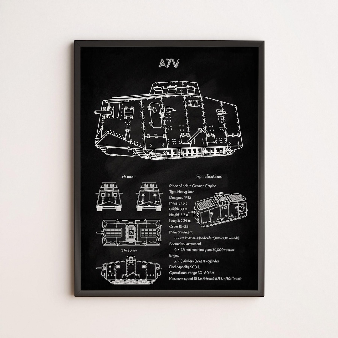 A7V Tank Blueprint Poster | WWI German Armored Vehicle Wall Art for ...