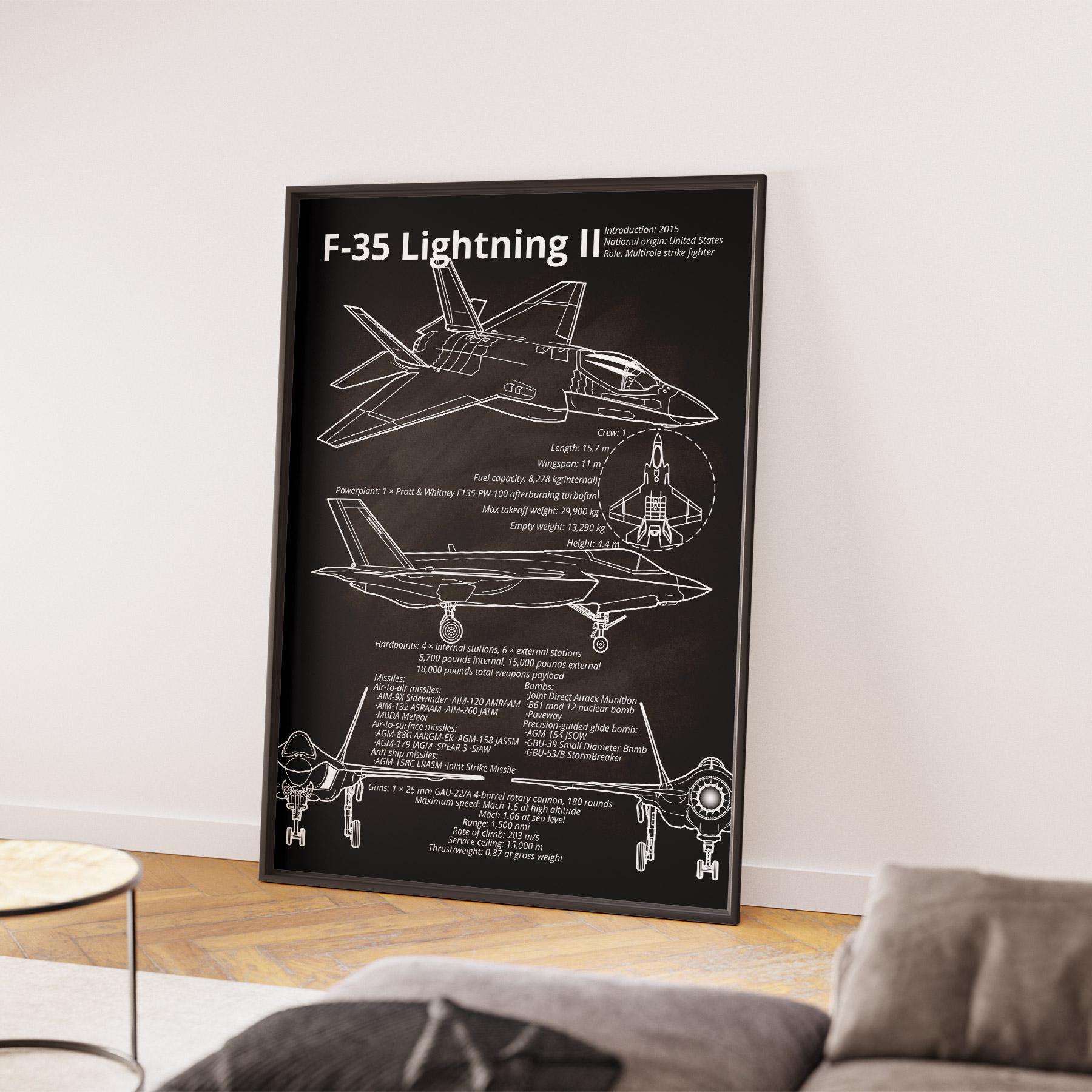 F-35 Lightning II Fighter Jet Blueprint Poster | Modern Aviation Wall ...