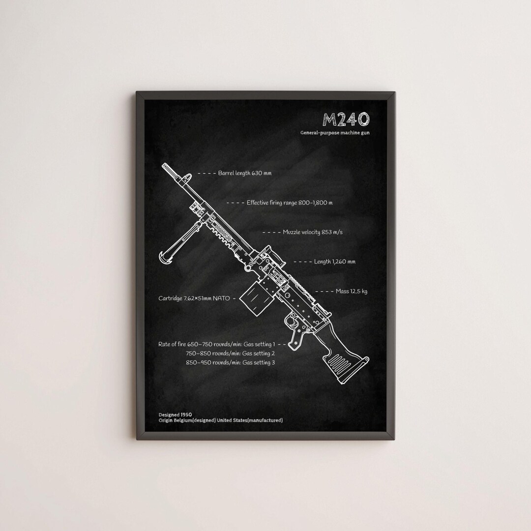 Buy M240 Machine Gun Blueprint Poster | Tactical Military Firearm Wall ...