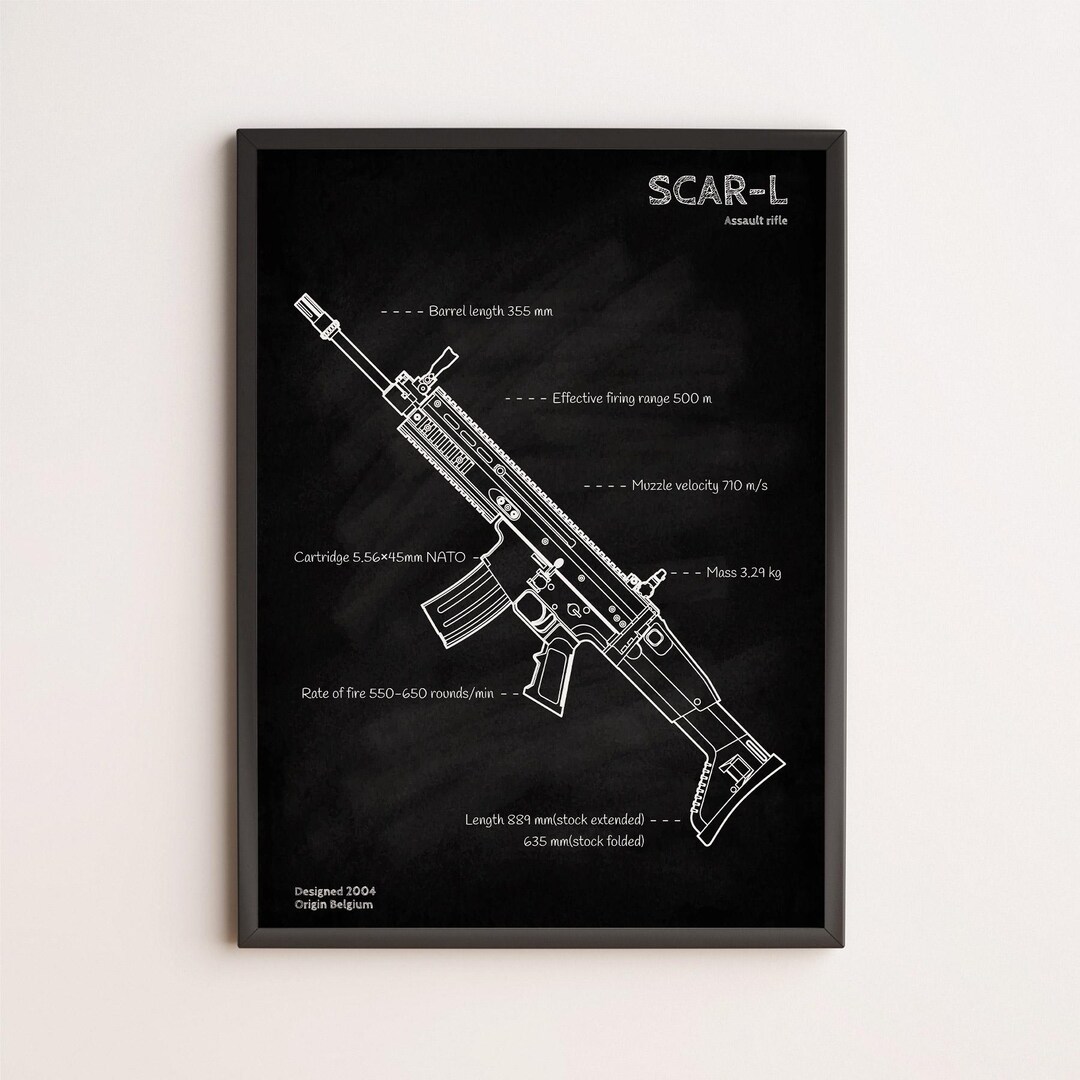 SCAR-L Blueprint Poster — Modern Assault Rifle Wall Art for Gun ...