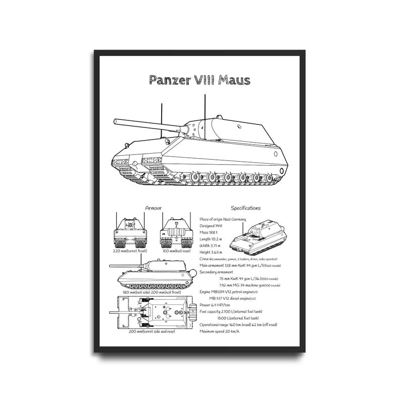 Panzer VIII Maus Tank Blueprint Poster - WW2 German Super Heavy Tank ...
