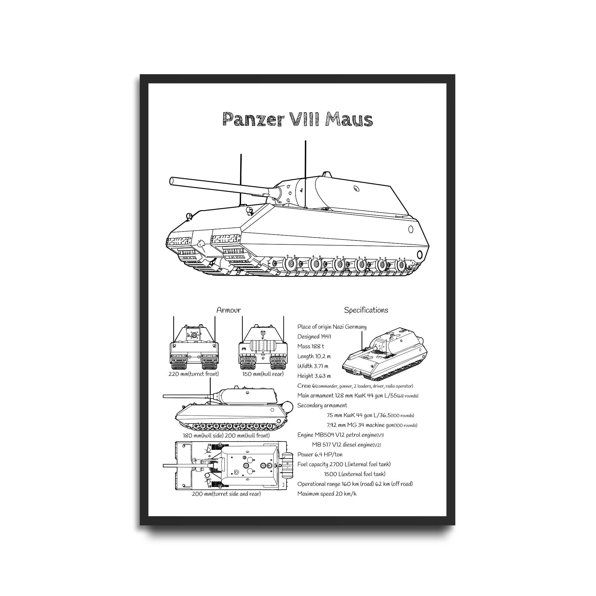 Panzer VIII Maus Tank Blueprint Poster - WW2 German Super Heavy Tank ...
