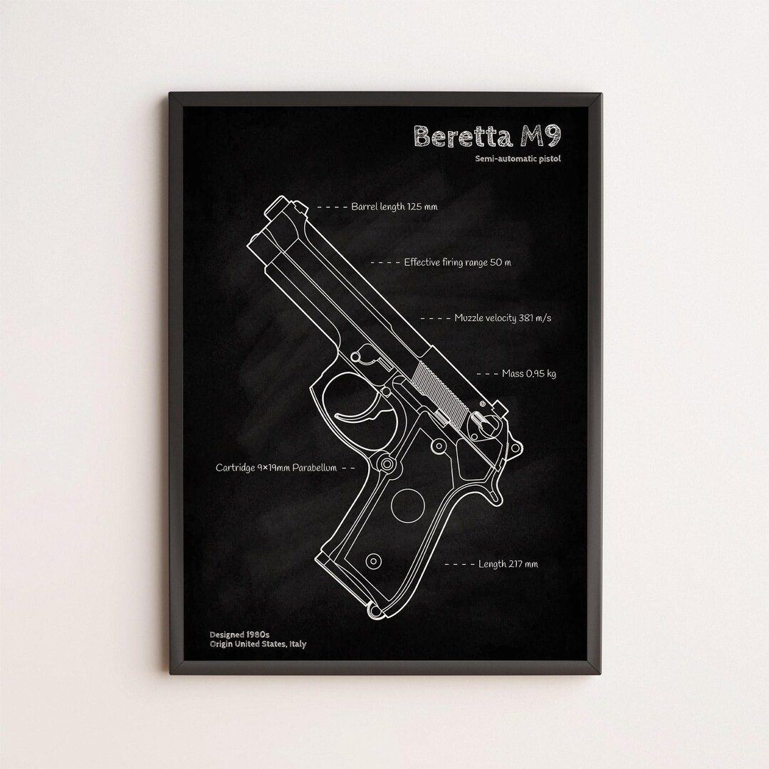 Beretta M9 Blueprint Poster — U.S. Military Sidearm Wall Art for Gun ...