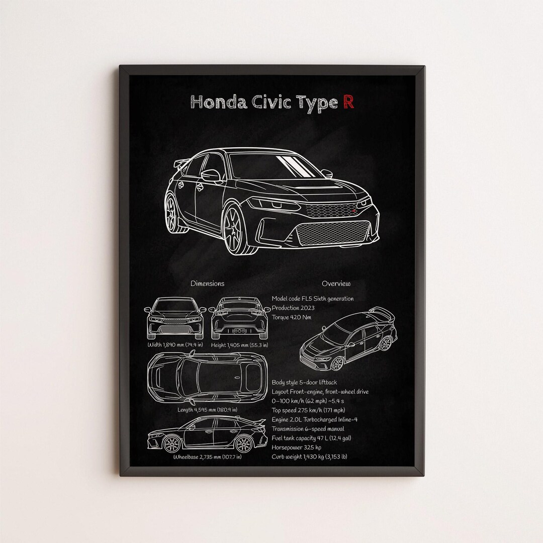 Honda Civic Type R FL5 Blueprint Wall Art, JDM Performance Car Poster ...
