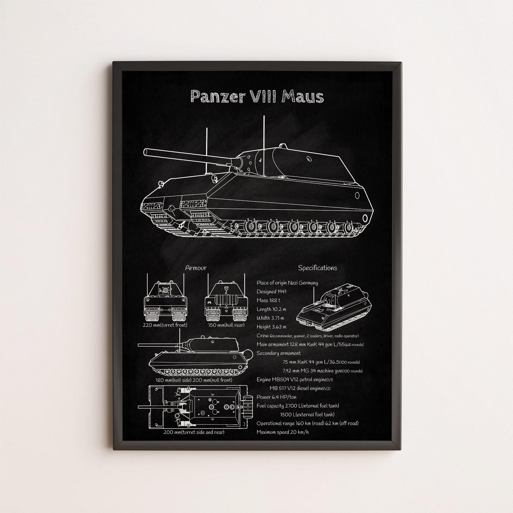 Panzer VIII Maus Tank Blueprint Poster - WW2 German Super Heavy Tank ...