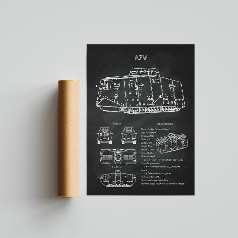 A7V Tank Blueprint Poster | WWI German Armored Vehicle Wall Art for ...