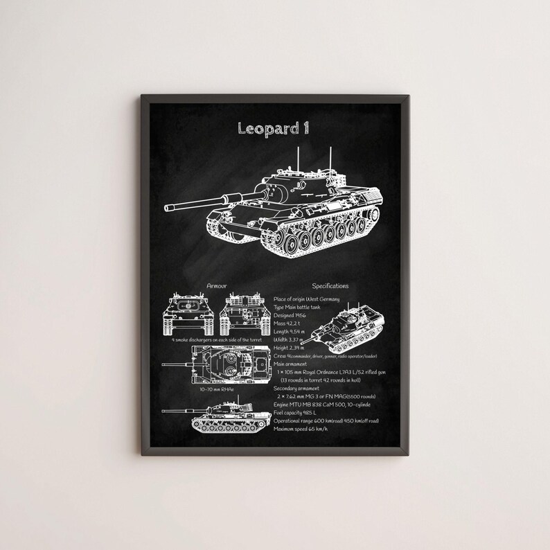 Leopard 1 Tank Blueprint Poster | Cold War Battle Tank Wall Art for ...