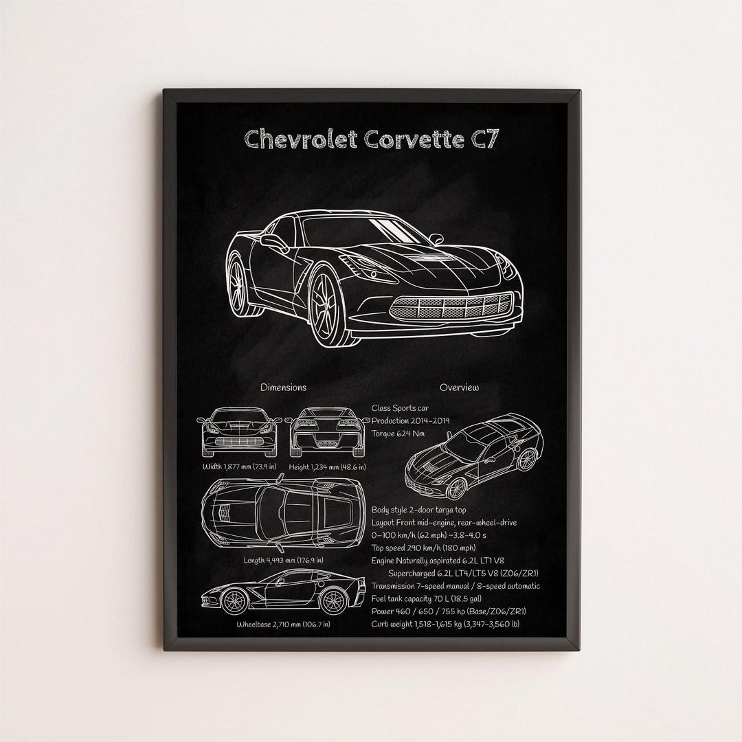 Chevrolet Corvette C7 Blueprint Wall Art, Chevy Stingray Poster, Car ...