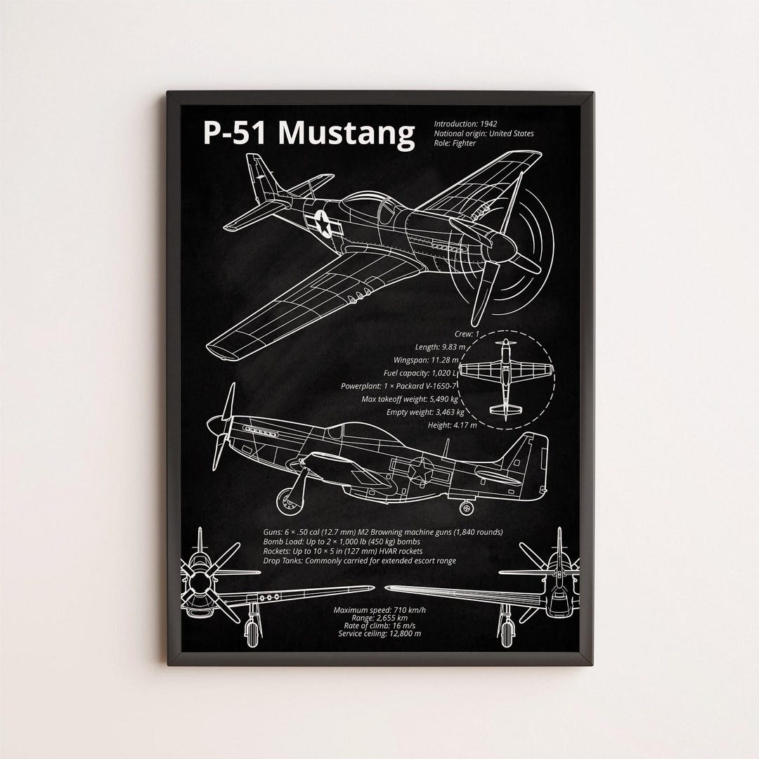 P-51 Mustang Blueprint Poster — WWII Fighter Plane Wall Art for Pilots ...